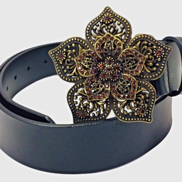 Accessories | Vintage Belt Rhinestone 3d Flower Boho Gold Genuine ...